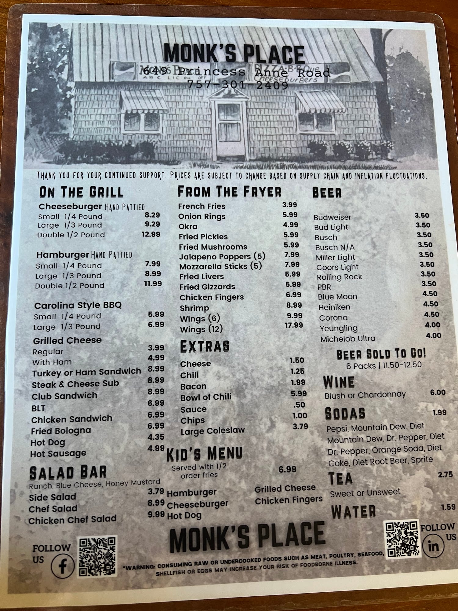 Monks Place Menu (Updated 05/2026)